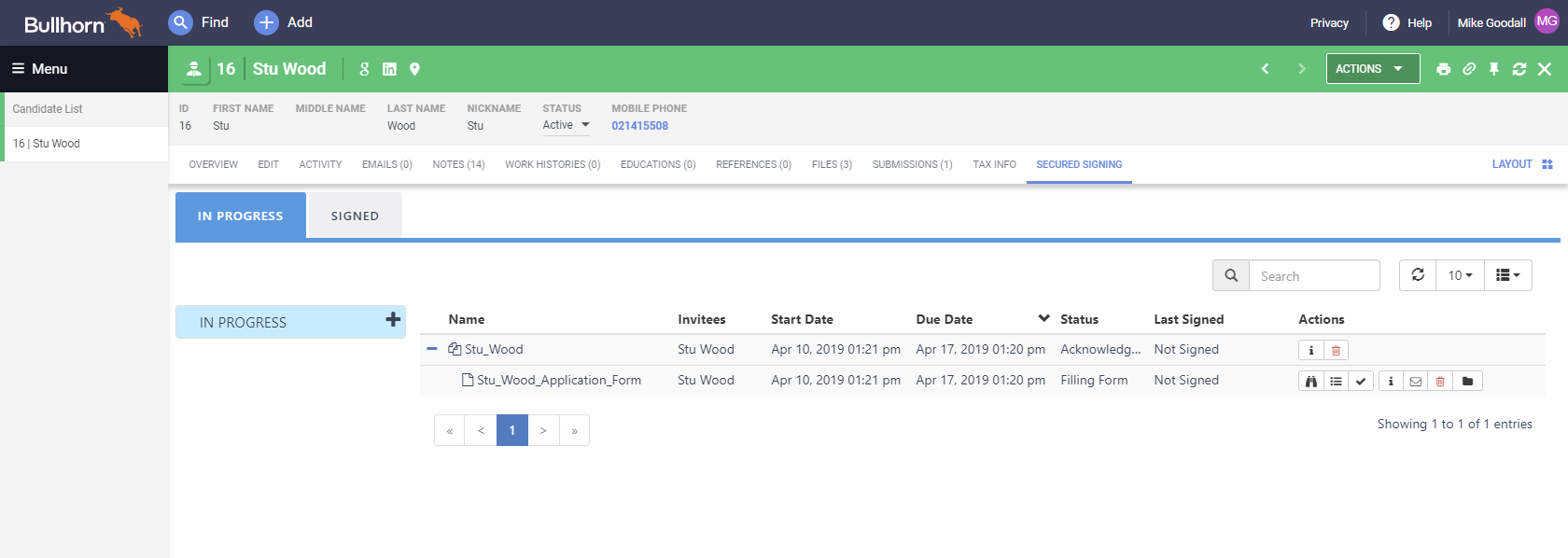 Bullhorn: Manage the Document Process within Bullhorn - Secured Signing