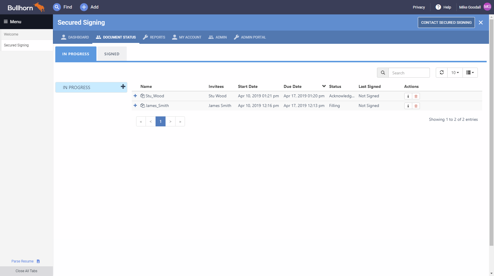 Bullhorn: Manage the Document Process within Bullhorn - Secured Signing