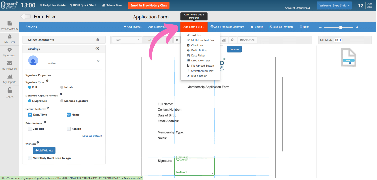 Create a Form Filler Template - Secured Signing